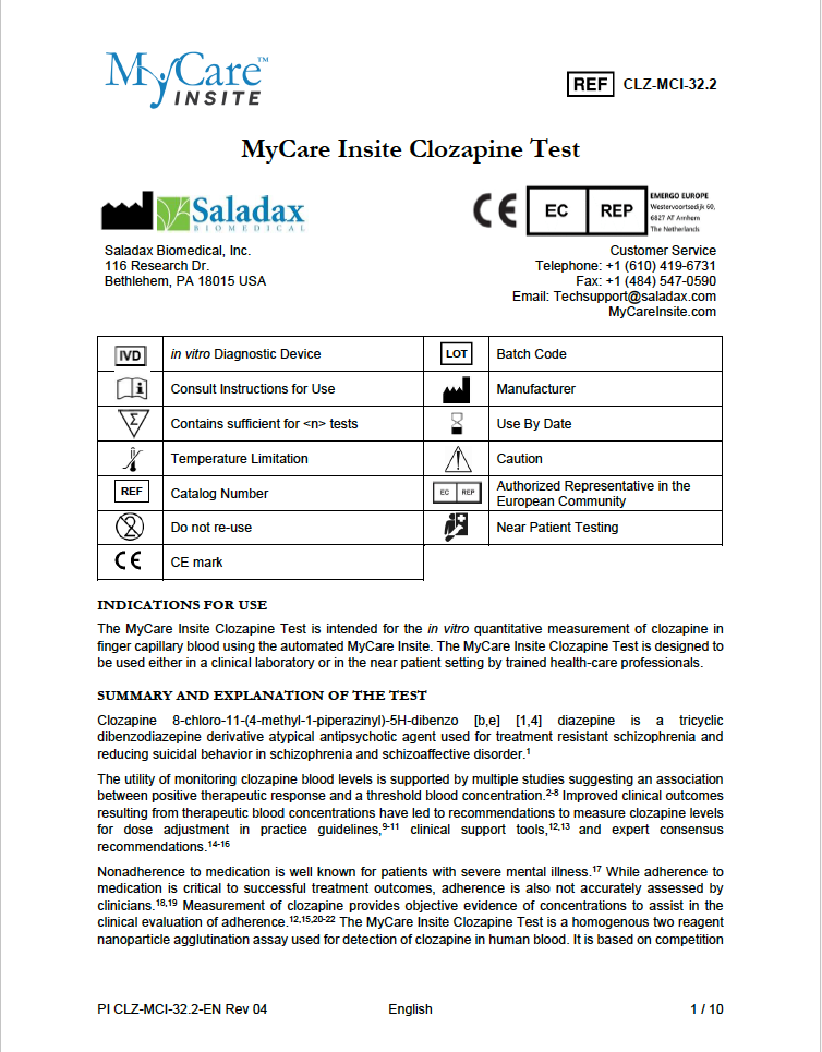 MyCare Psychiatry Product Documentation - MyCare Tests - OUS